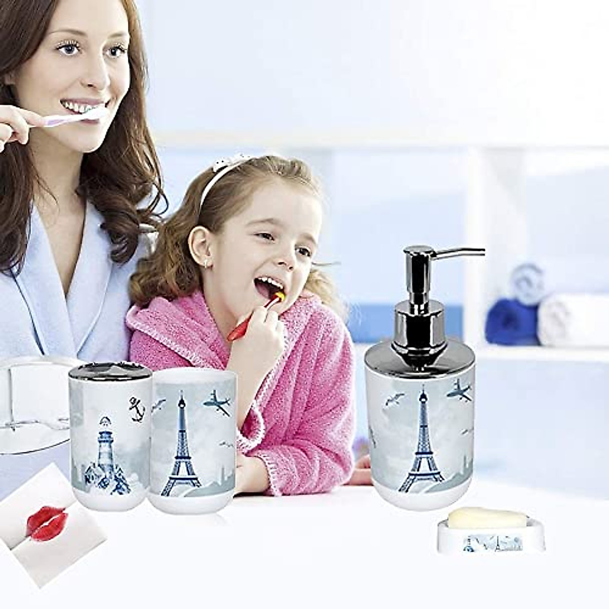 BFYLSQUE Lighthouse Bathroom Accessory Set, 6 Pieces Luxury Bath Accessories Bath Set Lotion Bottles Toothbrush Holder Tooth Mug Soap Dish Toilet Brush Rubbish, for Modern Design - Plastic