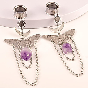 DOEARKO 2PCS New Butterfly-Pendant Hypoallergenic Stainless Steel Dangle Ear Plugs Tunnels Ear Gauges Stretcher Pair Selling 2g 0g Piercing Body Jewelry (10mm(00G), Silver)