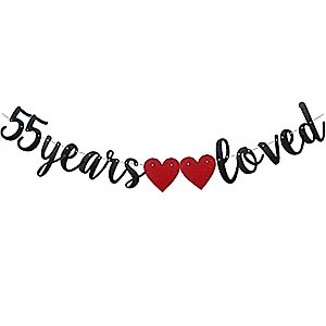 55 Years Loved Banner,Pre-Strung, Black Paper Glitter Party Decorations For 55TH Birthday Decorations 55TH Wedding Anniversary Day Party Supplies Letters Black ZHAOFEIHN