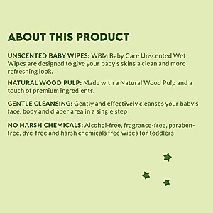 WBM Care Unscented Baby Wipes | 6 Flip-Top Packs (288 Total Wipes) | Gentle and safe for your baby’s sensitive skin | Perfect for quick and convenient cleaning