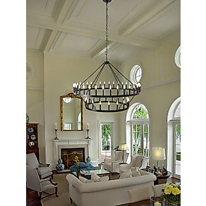 celimi Large Wagon Wheel Chandelier Black Round Modern Farmhouse 2 Tier 54-Lighting Fixtures for High Ceilings, Dining Room,Living Room