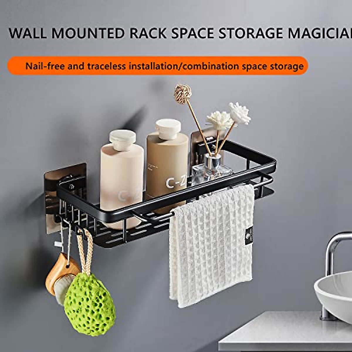 AIJALY Adhesive Shower Caddy, 13.7in Shower Shelf, No Drilling Rustproof Stainless Steel Shower Organizer for Inside Shower & Kitchen Storage