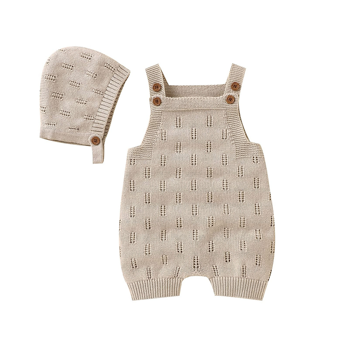 LAWKUL Baby Knit Romper Sleeveless 100% Cotton Jumpsuit with Hat Newborn Outfits Overall Bodysuit One Piece 2pcs Beige 0-6M