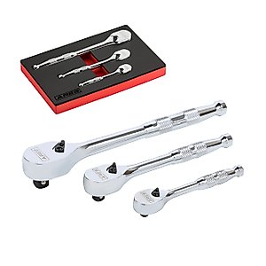 ARES 42000-3-Piece 90-Tooth Full Polish Ratchet Set - Chrome Vanadium Steel Construction & Chrome Plated Finish - Reversible Design - 4 Degree Swing - Ratcheting Tool Set