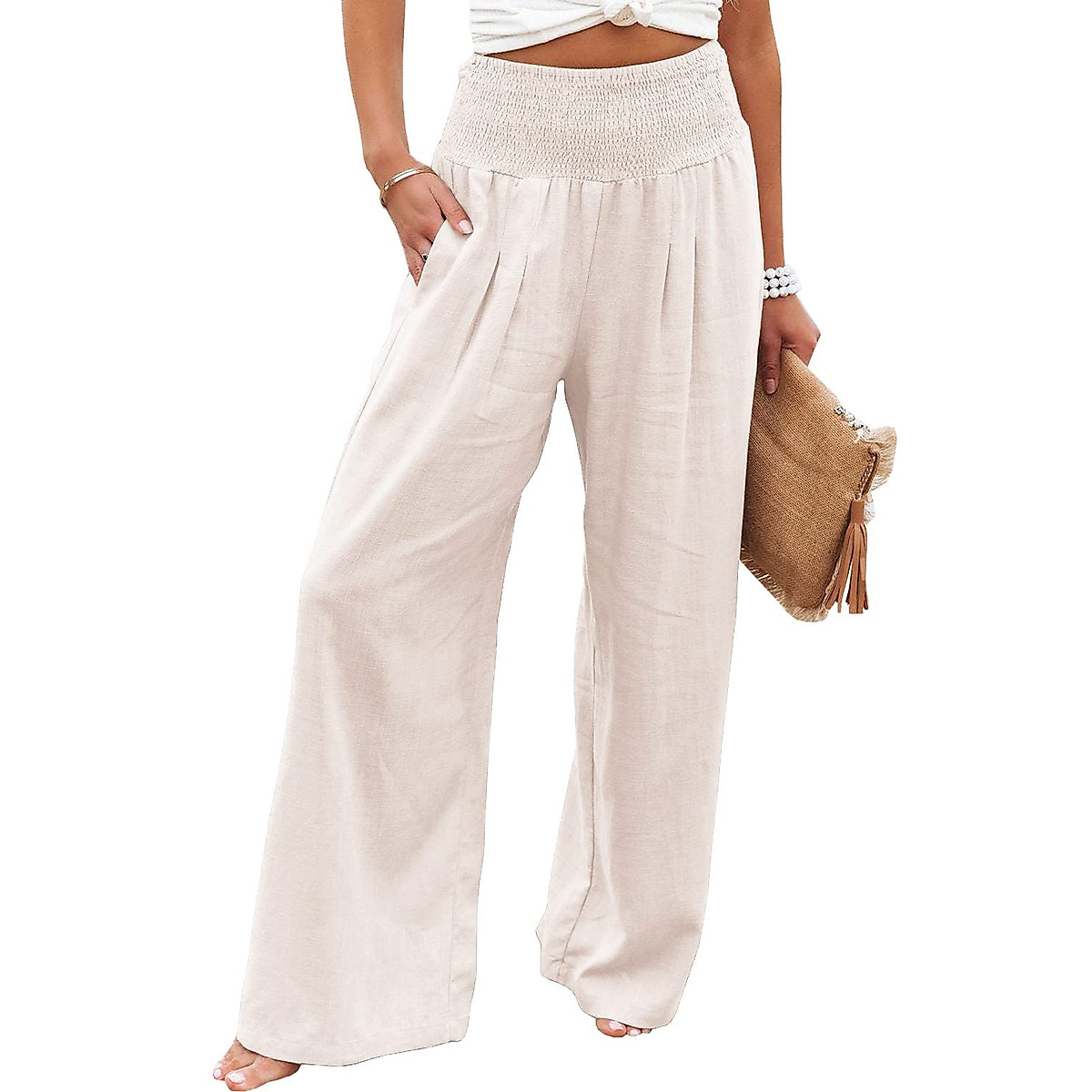 Women Cotton Linen Pants Elastic High Waisted Palazzo Lounge Pants Loose Beach Trousers with Pockets (White, XL)