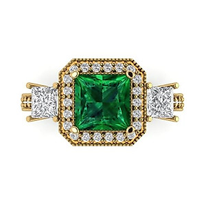 Clara Pucci 2.93 ct Cushion Cut Halo 3 stone Genuine Simulated Emerald Engagement Promise Anniversary Bridal Ring 18K Yellow Gold 3.5