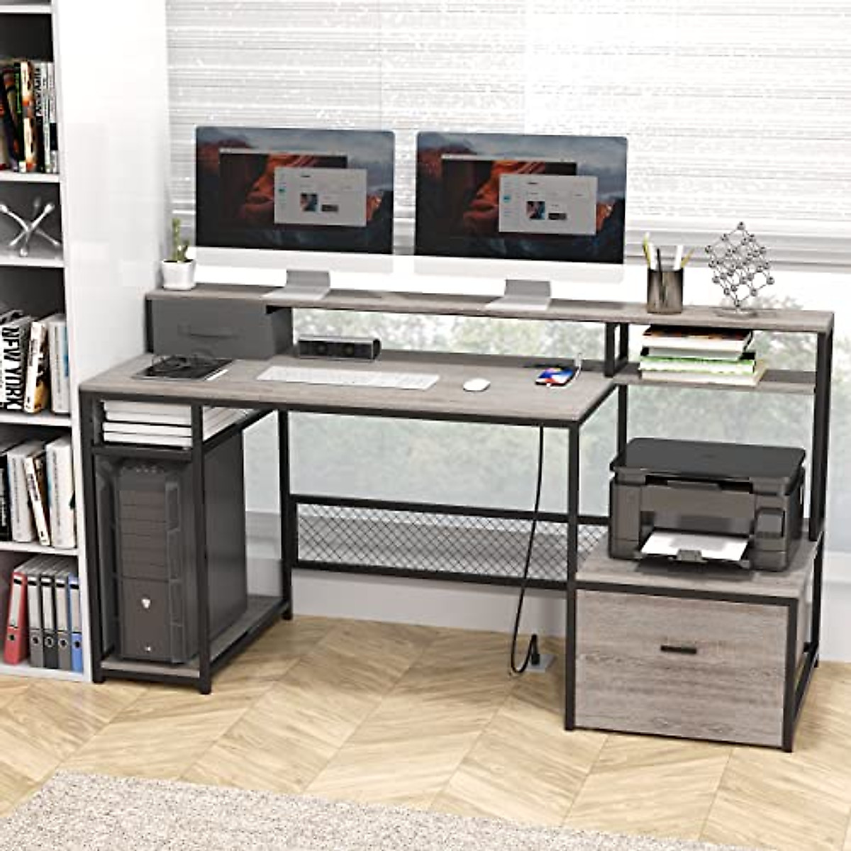 AYEASY Home Office Desk with Monitor Stand Shelf, 66 inch Large Computer Desk with Power Outlet and USB Charging Port, Computer Table with Drawers and Storage Shelves, Study Writing Desk, Wash Gray