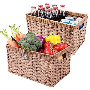 ROSOS Wicker Baskets 2 Pack, Rectangular Wicker Storage Basket with Handles, Waterproof Plastic Large Wicker Baskets for Storage, Nesting Hand-Woven Storage Baskets for Pantry Storage