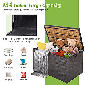 HAPPYGRILL 134 Gallon Rattan Deck Box, Patio Wicker Storage Box with Zippered Liner, Solid Acacia Wood Top & Feet, Effort-Saving Pneumatic Rod, Outdoor Storage Container for Porch Backyard