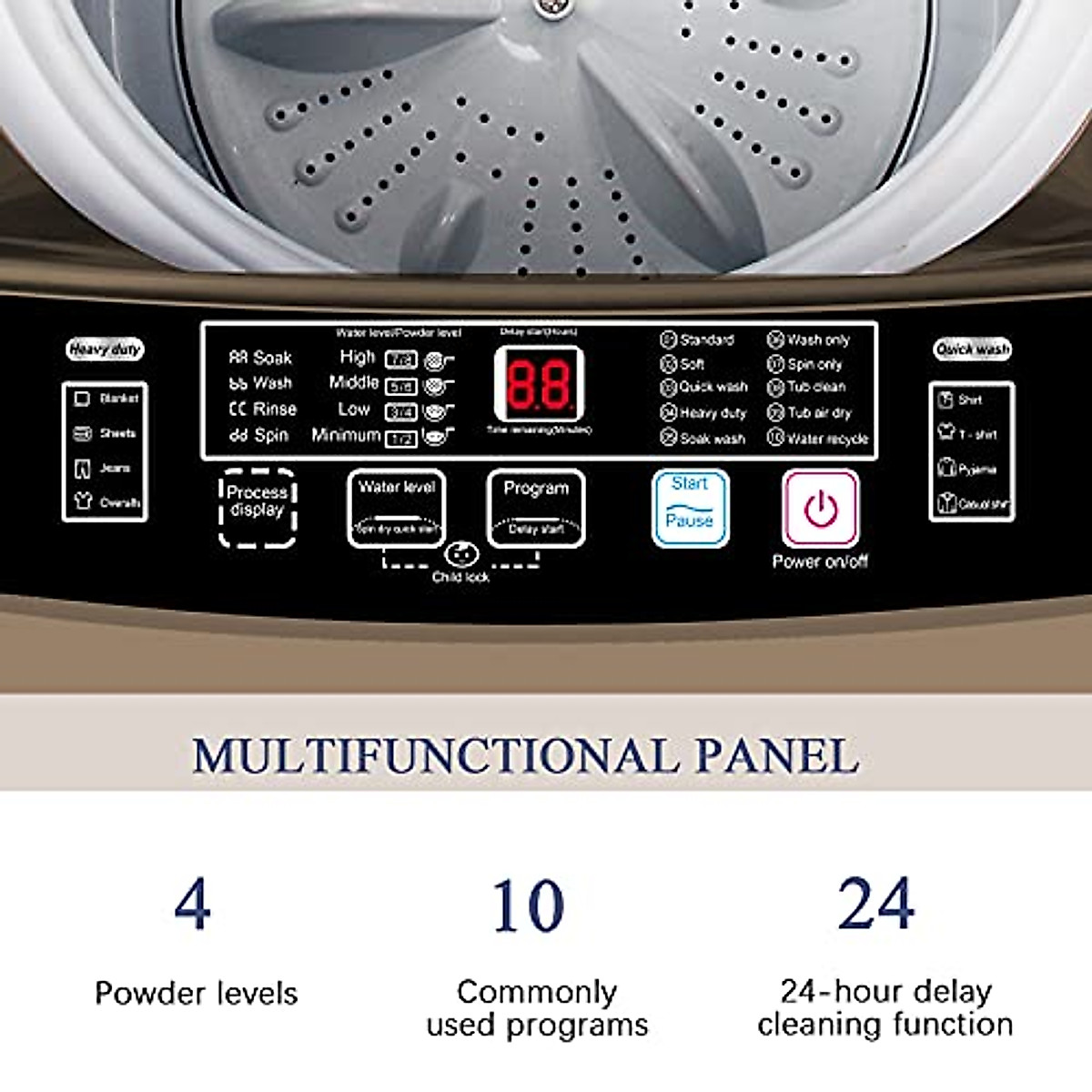 Full Automatic Washer with Drain Pump 17.7 lbs, Krib Bling Small Washing Machine with LED Display, Mini Washing Machine with 10 Washing Programs, Ideal for Dorm, Apartment, Camping, Gold