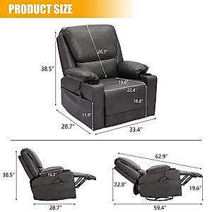 KIGOTY Recliner Chair Rocker Recliner Chair for Adults 360 Degree Swivel Rocker Reliner with Heated Massage Drink Holders Living Room Chair PU, Gray