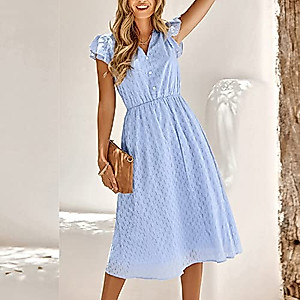 Sun Dress, Long Sleeve Tight Dress Spring Dresses for Women Casual Summer Dress Women's Solid Color V-Neck Ruffle Waist-Skimming Dress A Wedding Women's Maxi Dresses T Shirt Dress (L, Blue)