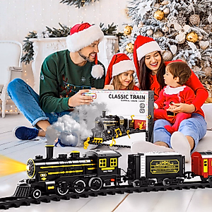 Christmas Train ElectricTrain Set with Retro Classic Steam Engine Wagon and Long Tracks, Battery Powered Train Playset with Smoke Lights and Sounds for Boys and Girls 3 5 6 7 Years Old