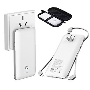 10000mAh Portable Charger, Q Slim USB C Power Bank, 4 Output 2 Input External Battery Pack with Built-in Cabels AC Wall Plug, Compatible with iPhone Samsung etc