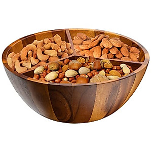 EVERGRO SEQUOIA & CO Wooden Bowl Triple Divided Salad Bowl - 14" Large Acacia Wood Serving Bowl for Food, Fruit, Popcorn - Round Hardwood Divided Bowls for Rustic, Modern Home & Kitchen Counter Décor