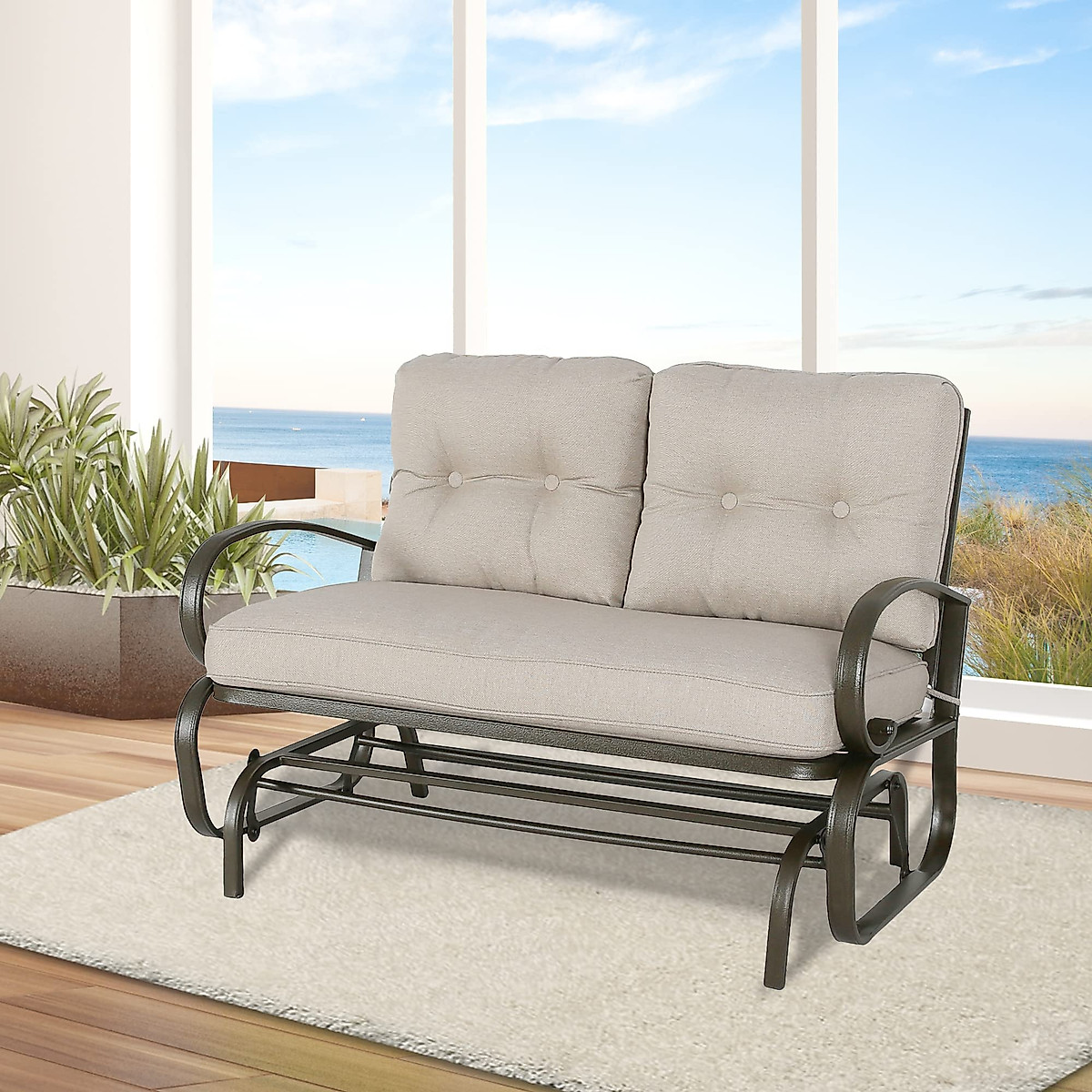 PATIO TREE Outdoor Patio Glider Bench Loveseat - Cushioned 2 Person Rocking Seating Swing Chair for Patio, Beige