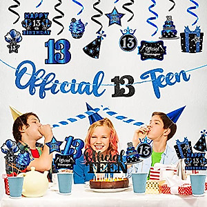 BUoonyer 42pcs 13th Black Blue Official Teen Birthday Banner Party Decorations, 13 Years Old Glitter Hanging Garlands Swirls Signs for Boys Girls, Cake Topper Centerpieces Decor Photo Booth Props