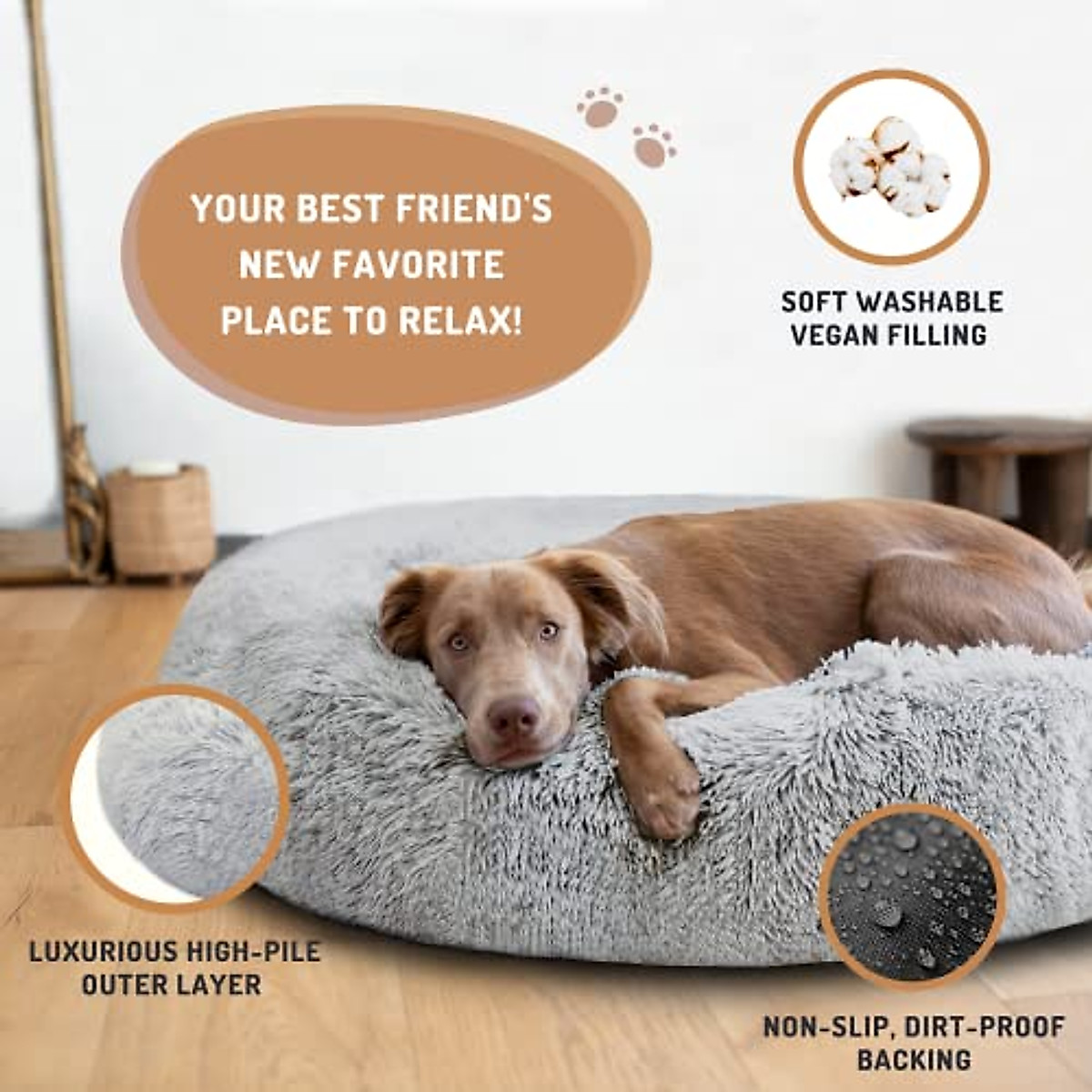 BLUSH PAWS Extra Calming Cozy Round Donut Pet Bed - Anti Anxiety for Cats & Dogs. Orthopedic, Self-Warming Shag or Lux Fur with Nonslip Bottom, Soft, Machine Washable (Medium 32", Frost)