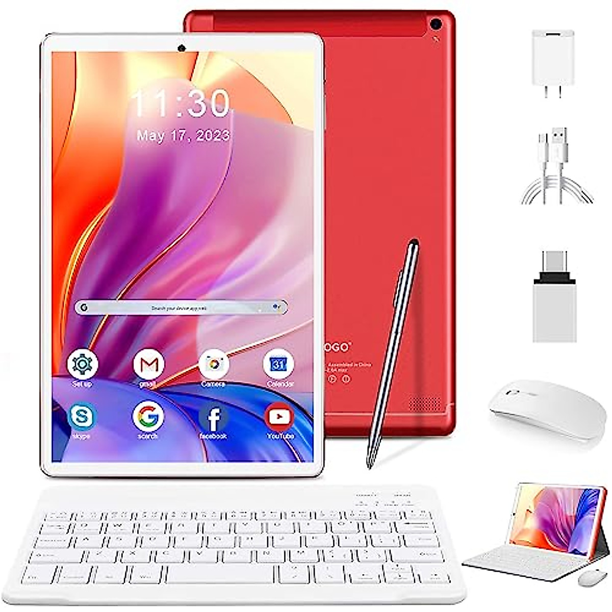 AOYODKG 2 in 1 Tablet 10 in, Android 11 Tablet Computer with Keyboard Bundle, 4GB+64GB, 5G & 2.4G WiFi Tablets PC, Dual Camera, 6000mAh, Mouse, Stylus (DGO-Red)