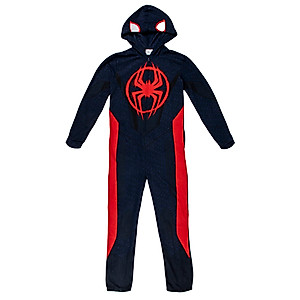 Spider-Man Miles Morales Men's Hooded Union Suit with Leg Hem-Medium Black