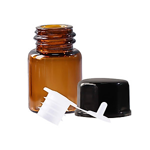 HWASHIN 100 Pack 2ml (5/8 Dram) Amber Mini Glass Essential Oils Sample Bottles with Black Caps for Essential Oils, Perfumes & Lab Chemicals (30ml Measuring Cup and 5 Droppers Included)