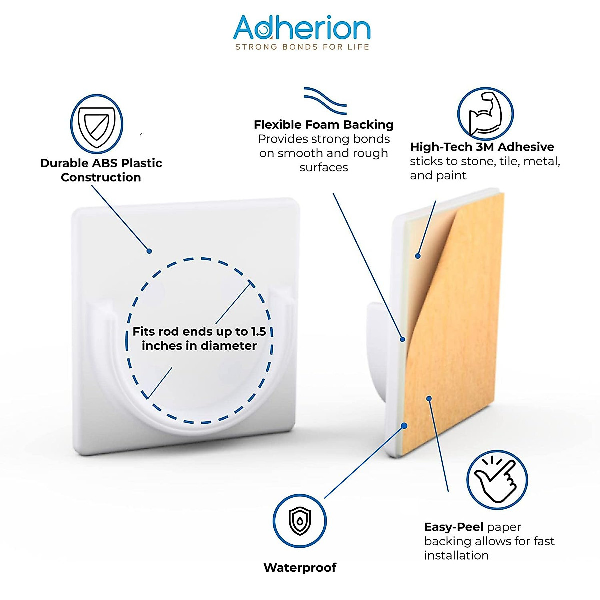 Adherion Adhesive Shower Curtain Rod Holder | Rod Retainer | Bathroom Tension Rod Wall Mount Brackets | No Drilling | Stick On | 3M Adhesive | White | 2 Pack | Shower Curtain Rod not included |