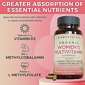 Organic Multivitamins for Women with Probiotics (90 Tablets) – Women Multivitamins for Daily Energy, Digestive Health and Immune Support Supplement with Vitamin B12, C, D and E, Iron, Folate.