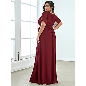 Ever-Pretty Plus Women's V-Neck A-Line Ruched Bust Ruffle Sleeves Plus Size Maxi Formal Evening Gown Burgundy US20