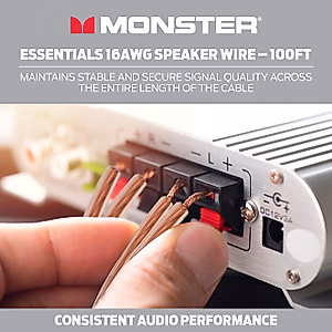 Monster Essentials High Performance Speaker Wire 16 Gauge Copper Clad Aluminum (CCA) Speaker Cable 100 FT Spool – Ideal Home Cinema Speaker Wire Cable and Car Audio Speaker Cables/Speaker Wires