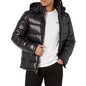 GUESS mens Mid-weight Puffer Jacket With Removable Hood Down Alternative Coat, Black, Small US