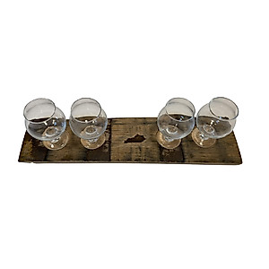 Bourbon Barrel Stave Flight Board With Four Snifter Glasses