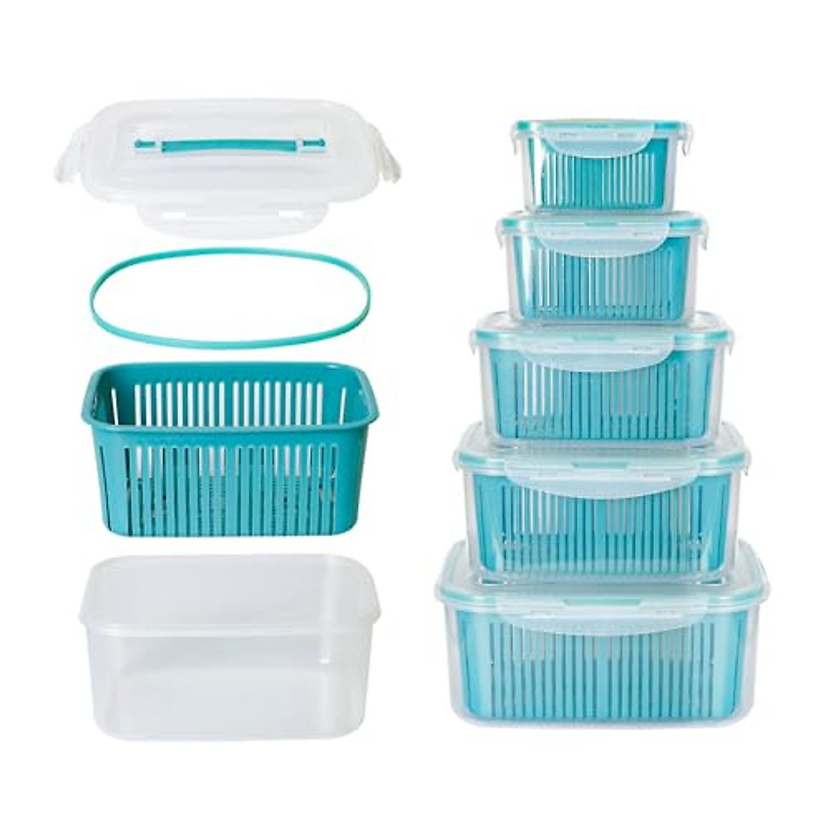 KIGI 5 PACK 204L Vegetable Fruit Storage Containers Set with Drain Basket and Lids for Salad Berry Lettuce Meat Fish