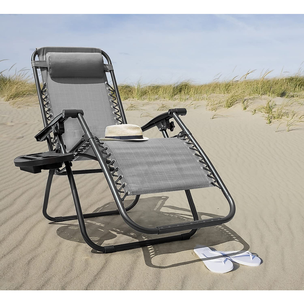 Kemon Zero Gravity Folding Lounge Outdoor Patio Adjustable Reclining Chair with Pillows and Cup Holders for Beach Set of 2, Double Grey