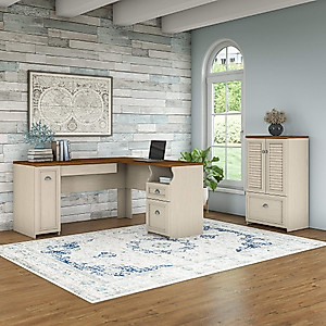 Bush Furniture Fairview 60W L Shaped Desk and Storage Cabinet with Drawer in Antique White and Tea Maple