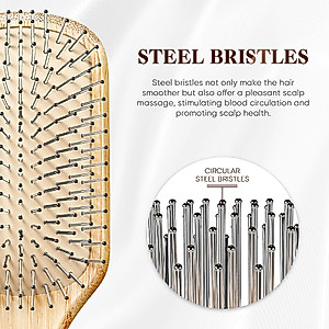 BFWood Bamboo Hair Brush with Steel Bristles, Help Hair Growth and Massaging Scalp