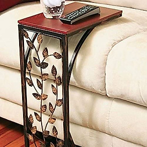 Sofa Side and End Table, Small - Metal, Dark Brown Wood Top With Leaf Design - Perfect for Your Living Room, Slides Up To Sofa / Chair / Recliner - Keep Snacks, Drinks Books & Phone At Easy Reach
