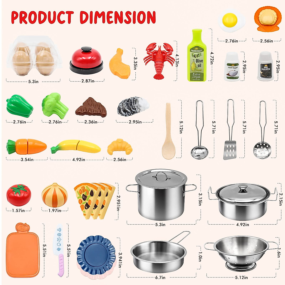 Kids Pretend Play Kitchen Accessories Set, 38Pcs Stainless Steel Play Pots Pans Sets for Kids, Toy Cookware Cooking Utensils Play Food Dish Toddler Kitchen Playset Gifts for Boys Girls
