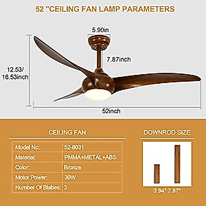 ARONKID 52 Inch Wave Design Ceiling Fan with Lights, Indoor and Outdoor Ceiling Fans with Remote,Dimmable (3000K-6000K), 3 Plywood Blades,Reversible,Walnut