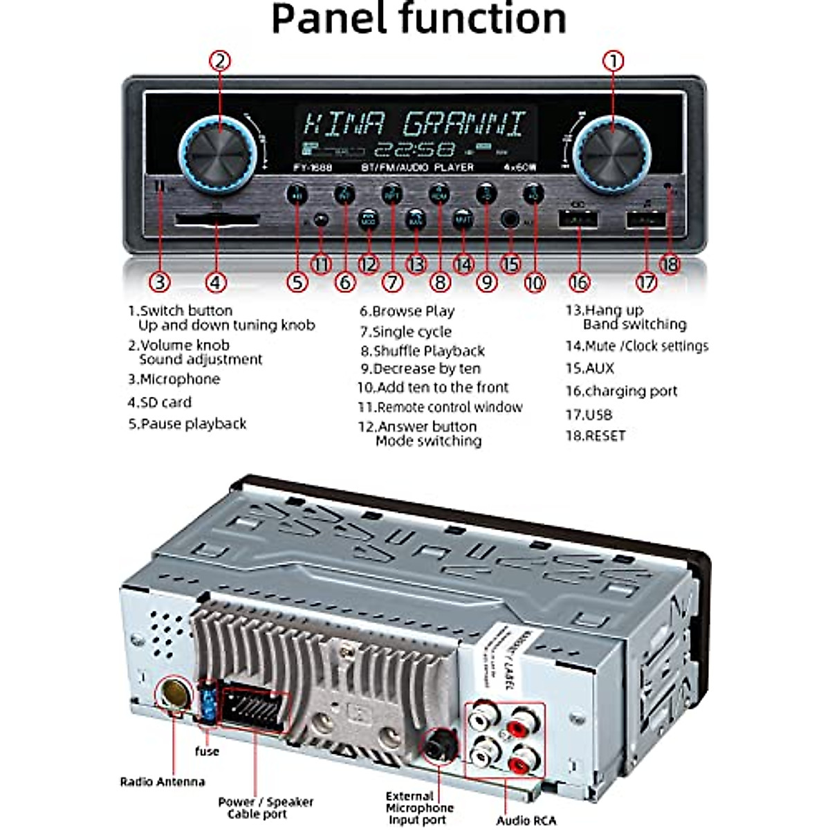 FYPLAY Dual USB Car Stereo Radio Receiver - Single Din, Bluetooth Hands Free Calling, Support USB/SD/AUX/MP3, with Clock Display LCD, Dual Knob Car Multimedia Audio Player, USB Fast Charging