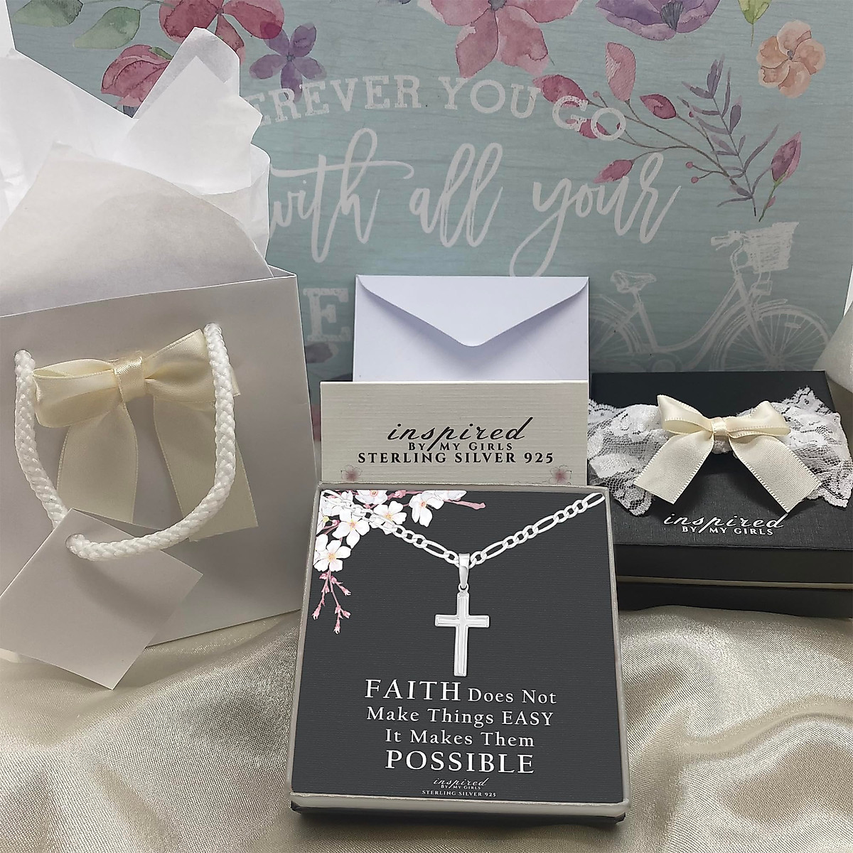 Inspired By My Girls Womens Sterling Silver Cross Pendant with Figaro Chain Necklace Faith Keepsake Card Gift - 060-18