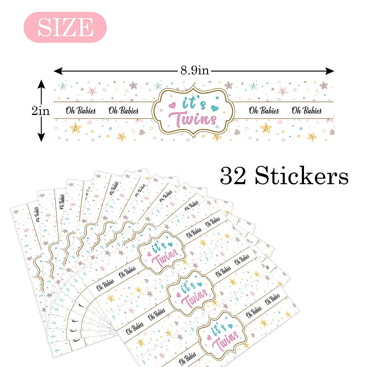MonMon & Craft It's Twins Water Bottle Stickers / Oh Babies Bottle Wrappers / Baby Shower / Welcome Baby / Baby 1st Birthday Party Water Labels Supplies Waterproof ( Set of 32 )