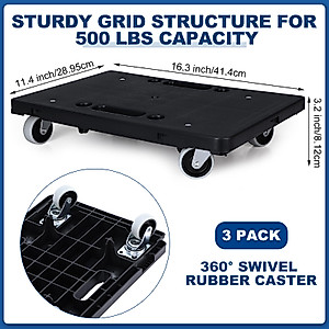 Datanly 3 Pack Furniture Dolly Moving Dolly Connectable Furniture Movers 16.3 x 11.4 Inch 500 Lbs Capacity Each Count 4 Wheels Heavy Duty Small Flat Dolly Cart Portable Dollies with Wheels, Black