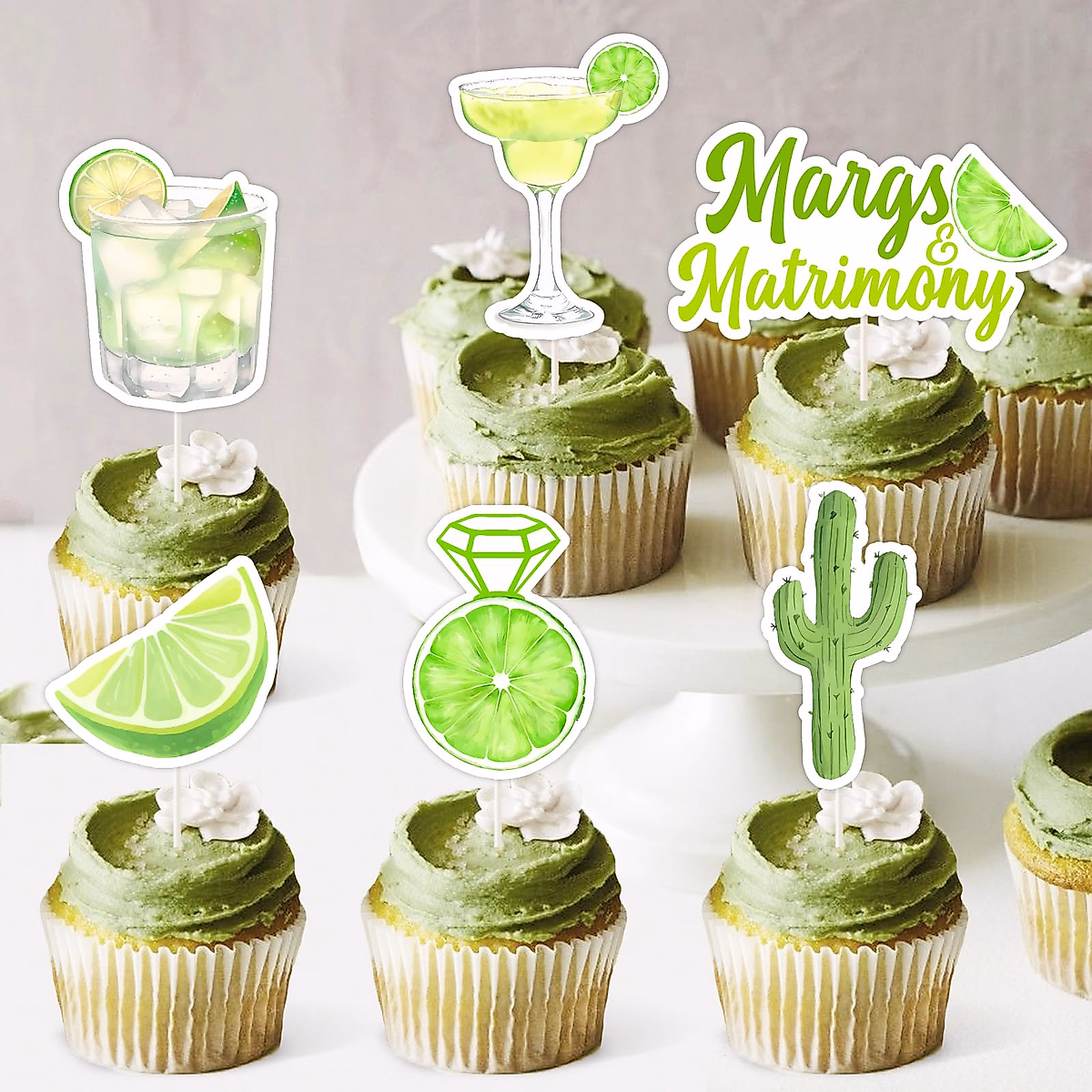 JOYMEMO 24 Pcs Margs & Matrimony Bachelorette Cupcake Toppers - Green Margarita Bridal Shower Decorations, Margaritas and Matrimony Bridal Shower Cake Decor for Mexican Fiesta Wedding Party