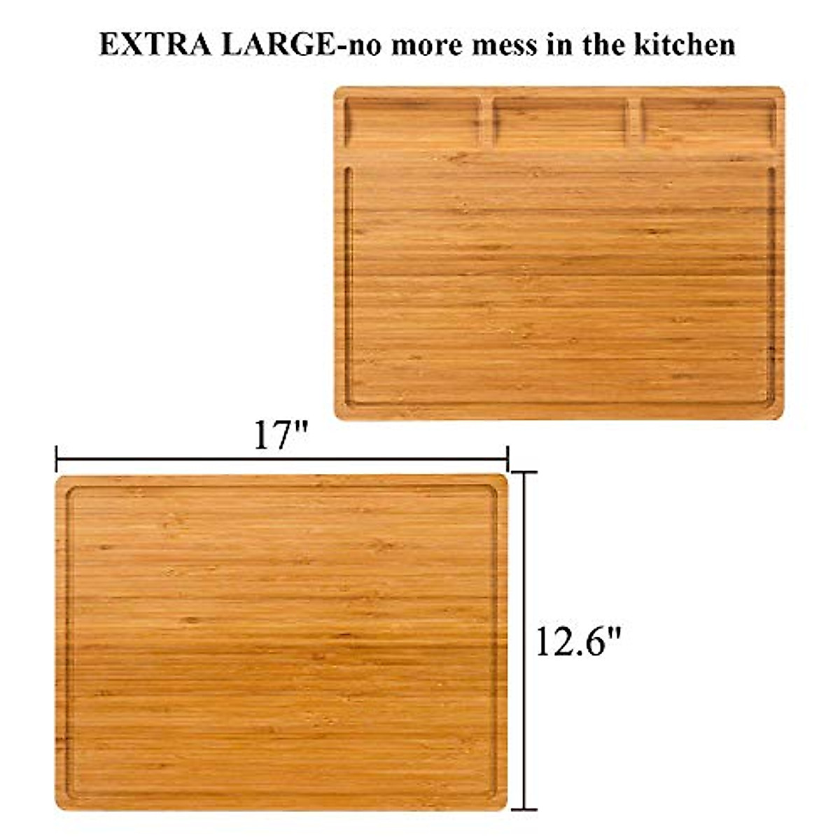 Large Bamboo Wood Cutting Board for Kitchen, Butcher Block, Chopping Cheese Carving Board, Serving Tray with 3 Built-In Dividers And Juice Grooves (17x12.6x0.62 Inch)