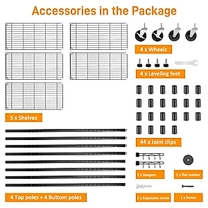 BolDuck 5 Tier Storage Shelves with Wheels, 1750lbs Capacity Heavy Duty Shelving Units, 14x36x75inch Adjustable Metal Shelf Wire Shelving Rack for Garage, Kitchen, Office, Black