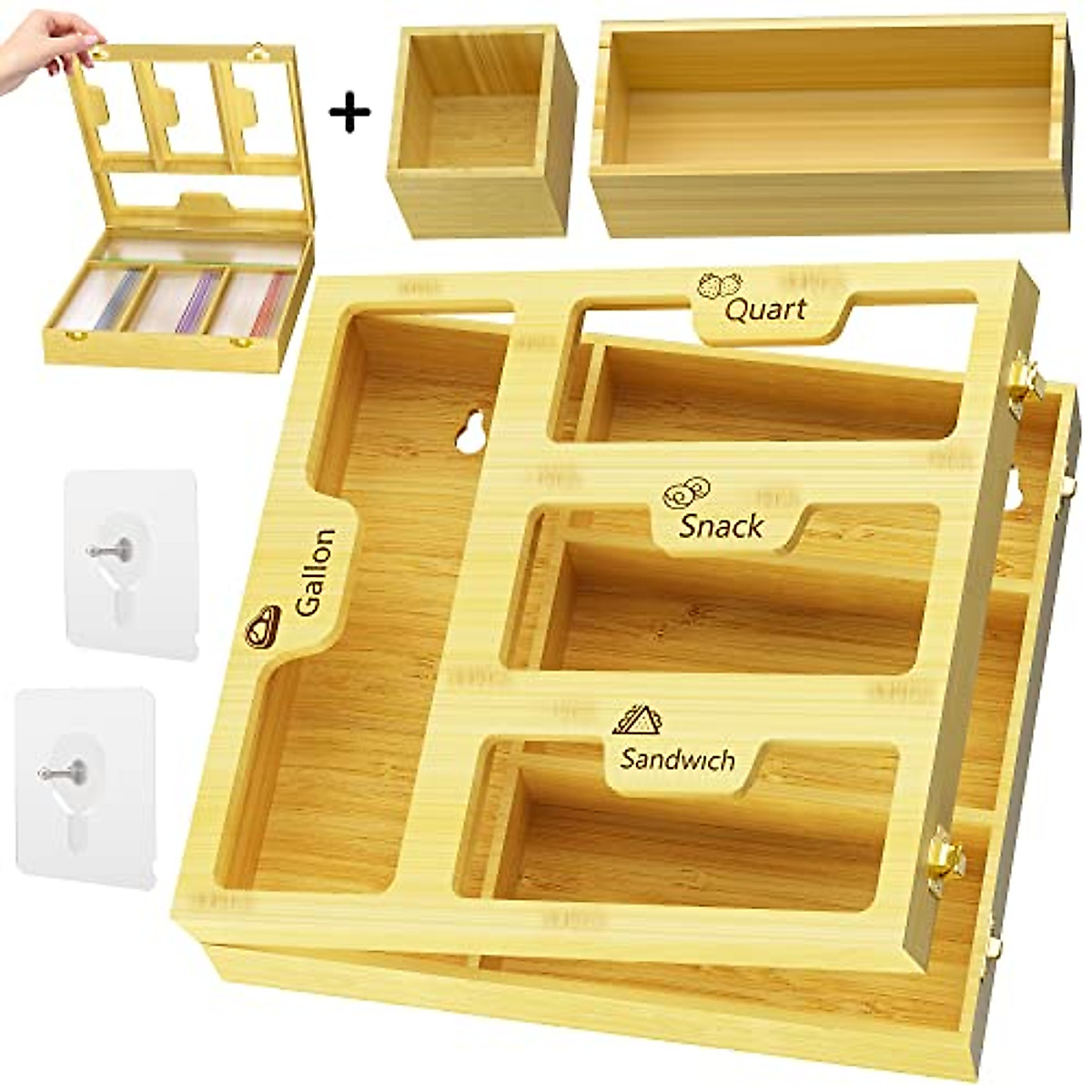 AIONASA Ziplock Bag Storage Organizer for Kitchen Drawer, Bamboo Organizer,Bamboo Plastic Bag Holder with 2 Extra Bonus Storage Boxes, Compatible with Sandwich,Gallon,Quart,Snack Plastic Bags