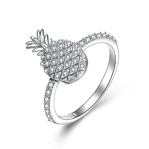 VONALA Pineapple Ring 925 Sterling Silver Stackable Fruit Rings Size 7 with Cubic Zirconia Fashion Vintage Retro Band Jewelry Gifts for Women