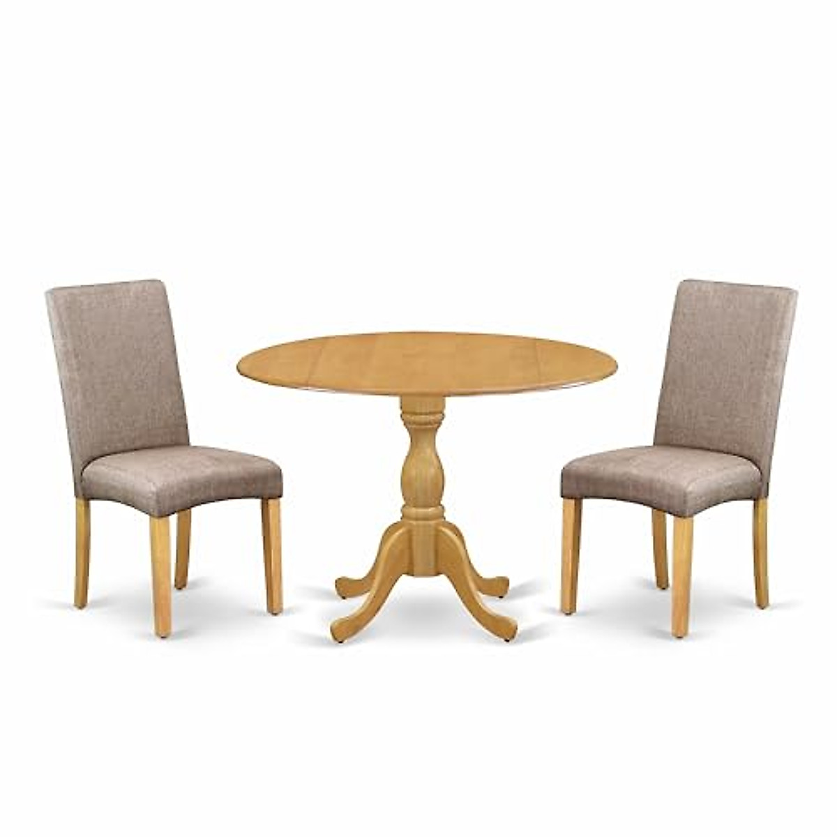 East West Furniture DMDR3-OAK-16 3 Piece Dining Room Table Set Contains a Round Kitchen Table with Dropleaf and 2 Dark Khaki Linen Fabric Parson Dining Chairs, 42x42 Inch, Oak