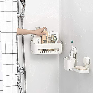 LEVERLOC Shower Caddy & Soap Holder & Two Toothbrush Holder One Second Installation NO-Drilling Removable Bathroom Organizer Set Powerful Heavy Duty Waterproof