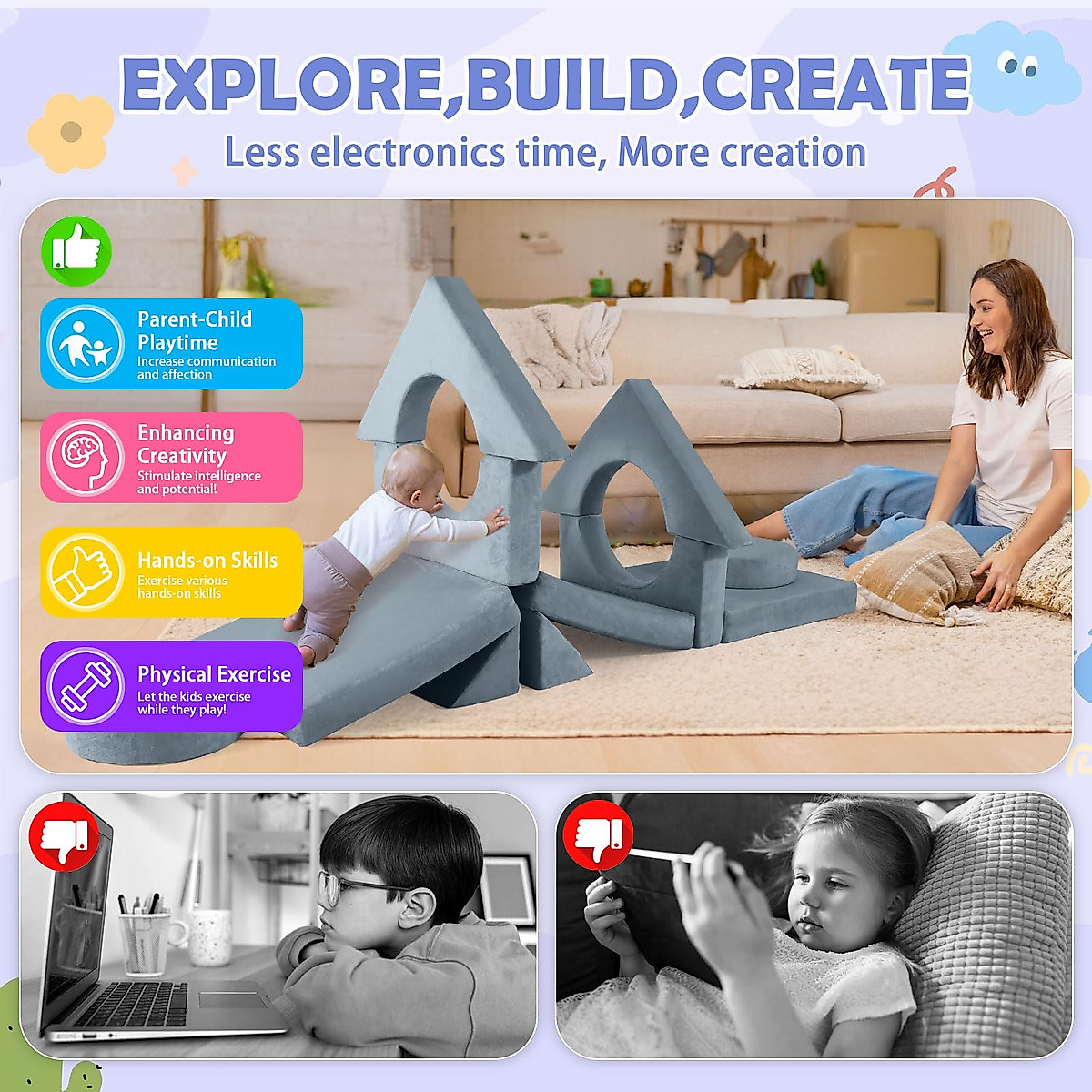 2024 New Modular Kids Play Couch, 12pcs Toddler Sofa Couch Building Fort, Versatile 300+DIY Creativing Playroom Bedroom Furniture for Toddlers. Convertible Kids Sofa and Cushion for Boys and Girls
